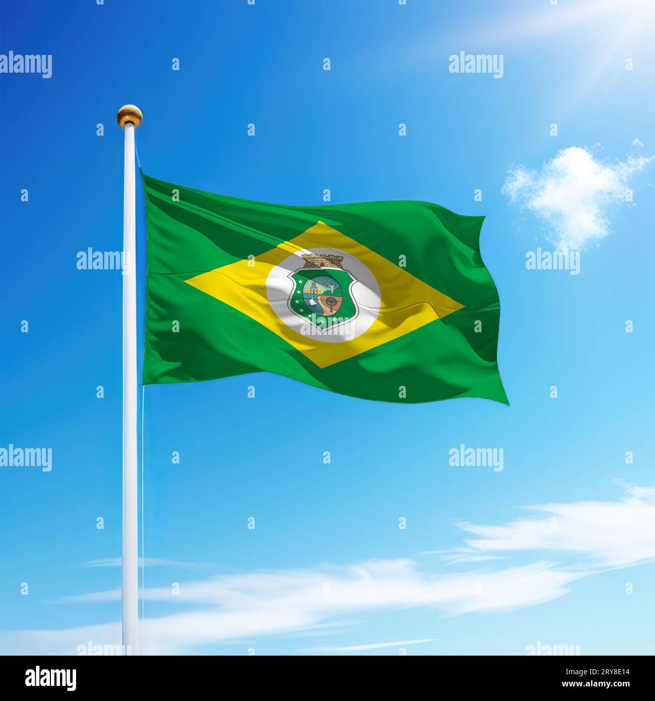 Waving flag of Ceara is a state of Brazil on flagpole with sky ...