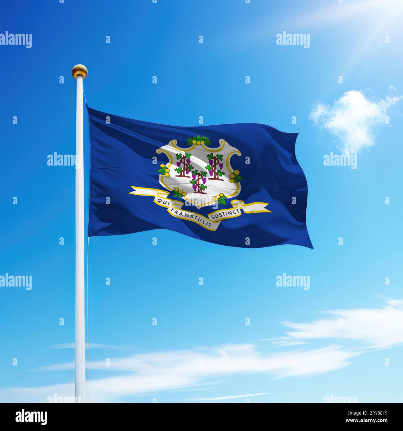 Waving flag of Connecticut is a state of United States on flagpole with ...