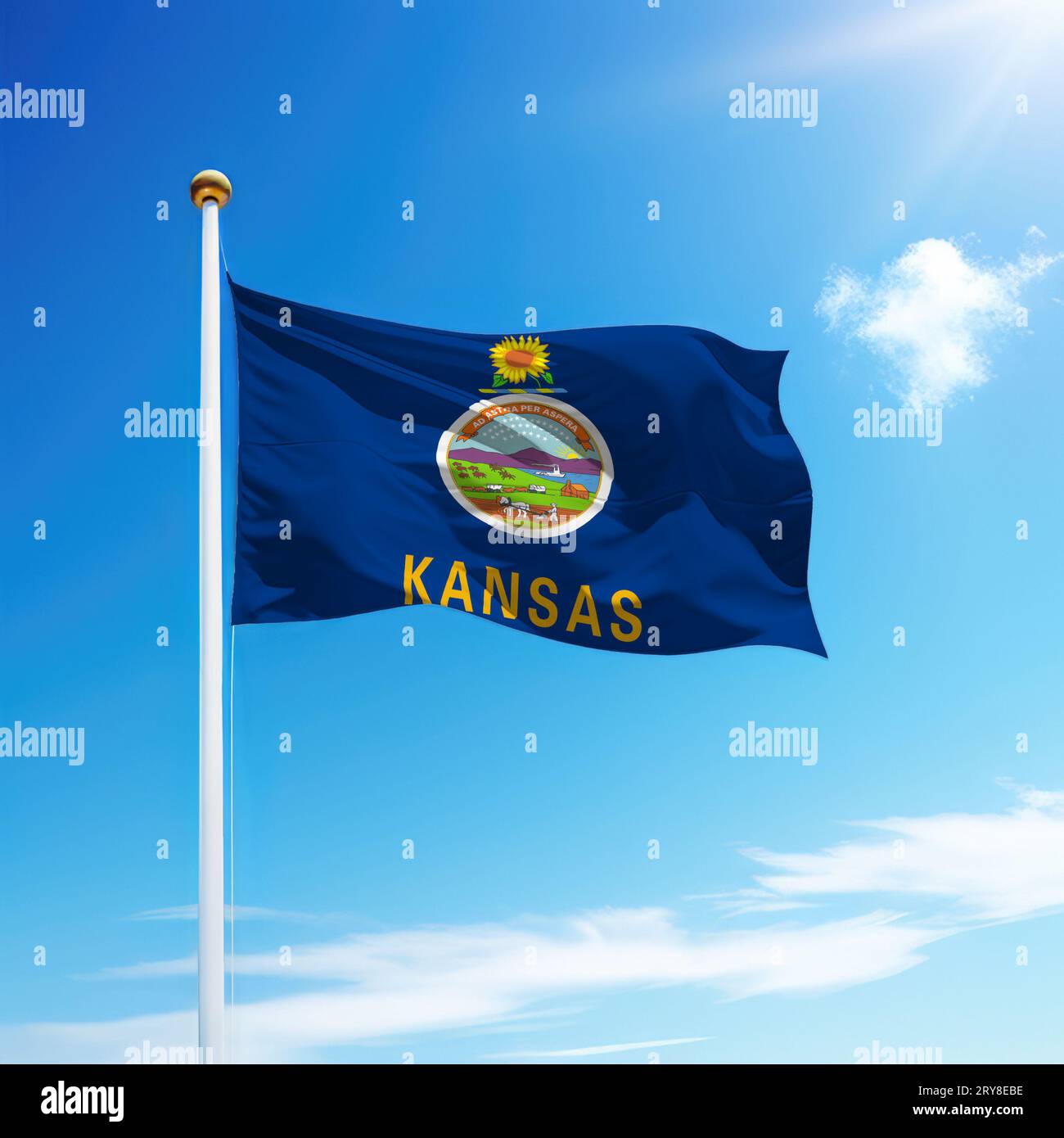 Waving flag of Kansas is a state of United States on flagpole with sky ...