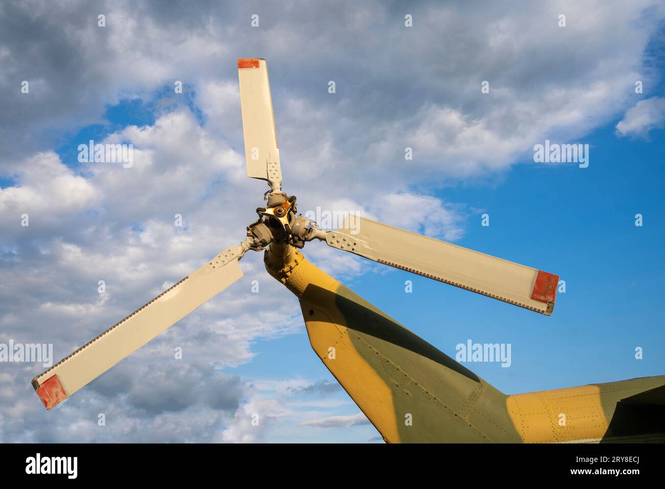Old Soviet-made camouflage military helicopter propeller, rear rotor ...