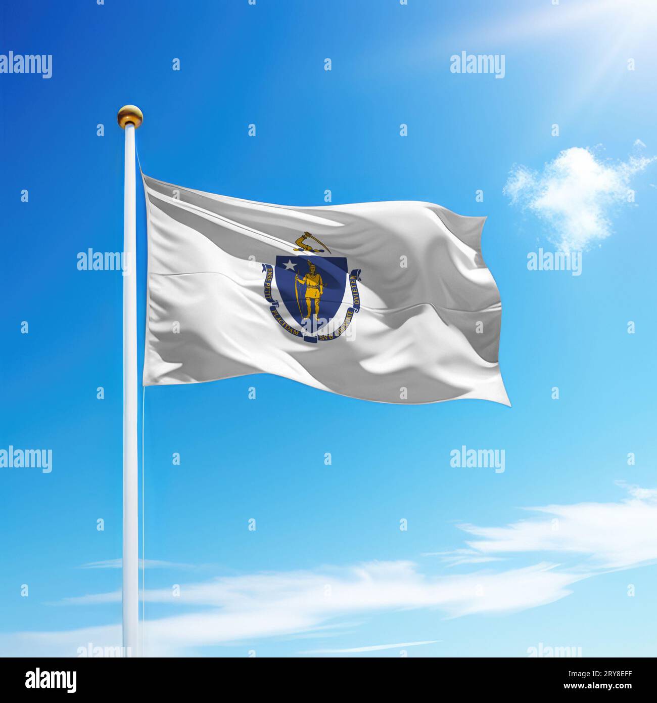Waving flag of Massachusetts is a state of United States on flagpole ...