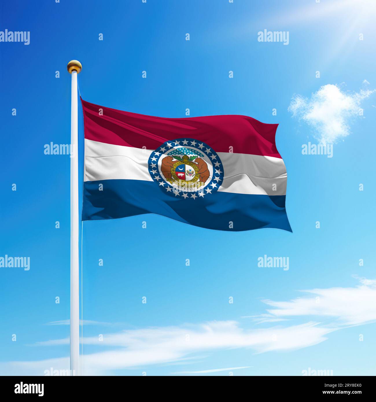 Waving flag of Missouri is a state of United States on flagpole with ...