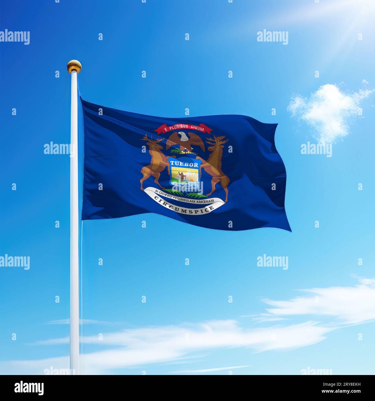 Waving flag of Michigan is a state of United States on flagpole with ...