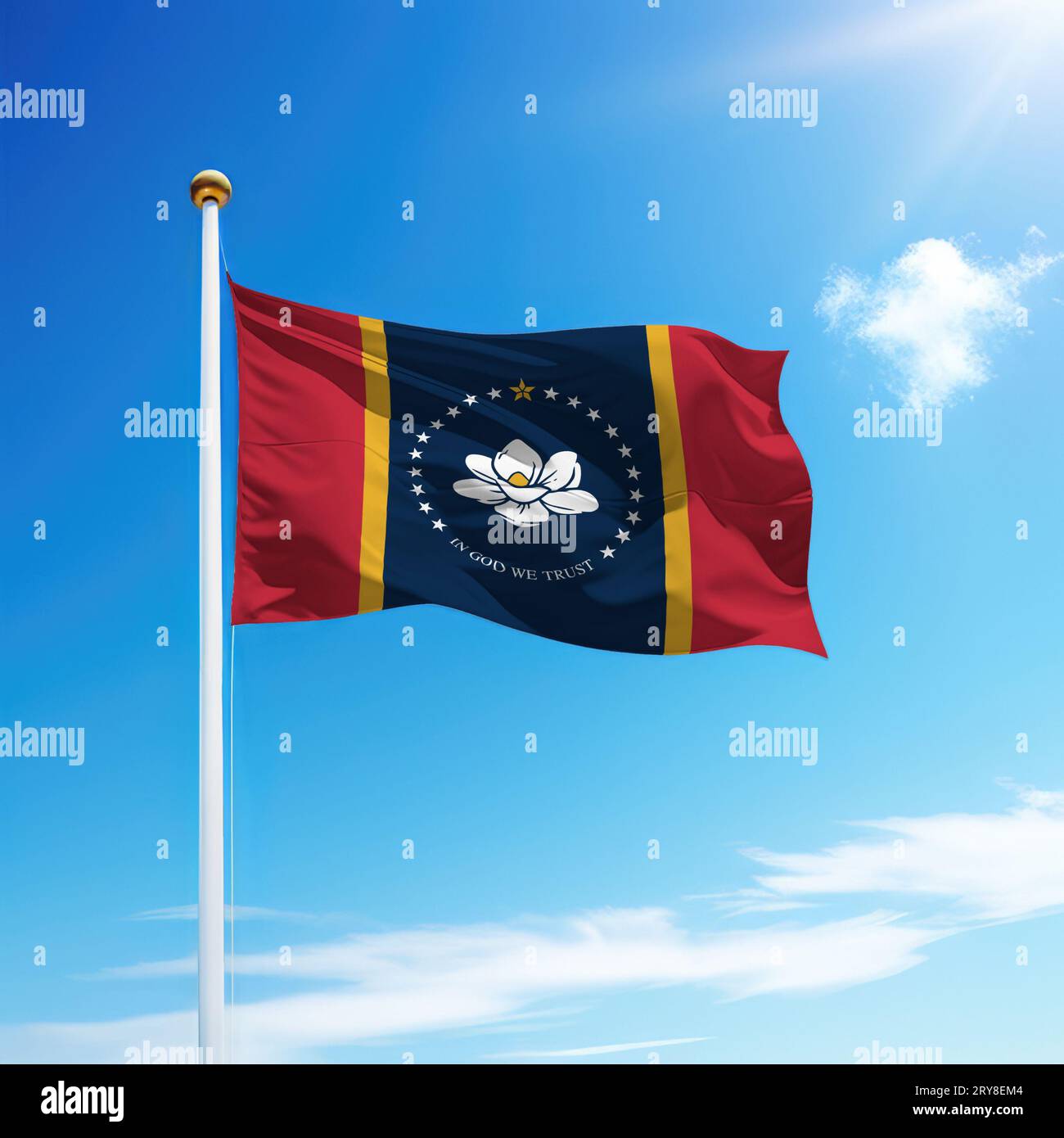 Waving flag of Mississippi is a state of United States on flagpole with ...