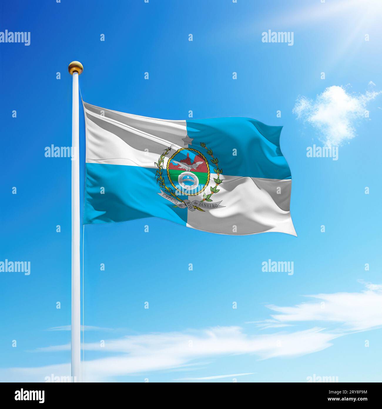 Waving flag of Rio de Janeiro is a state of Brazil on flagpole with sky ...