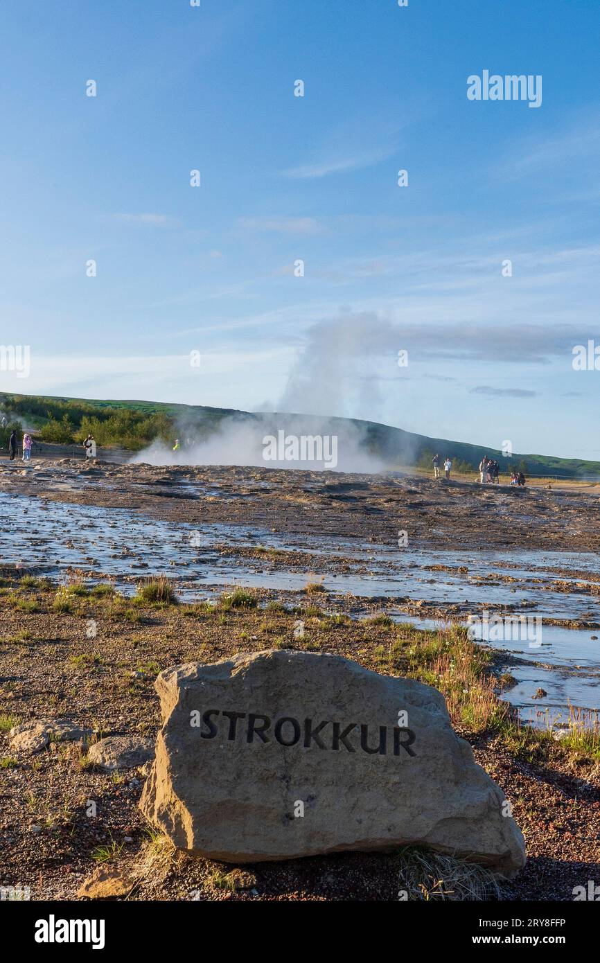 Stone marking the location of Strokkur, a fountain-type geyser located ...