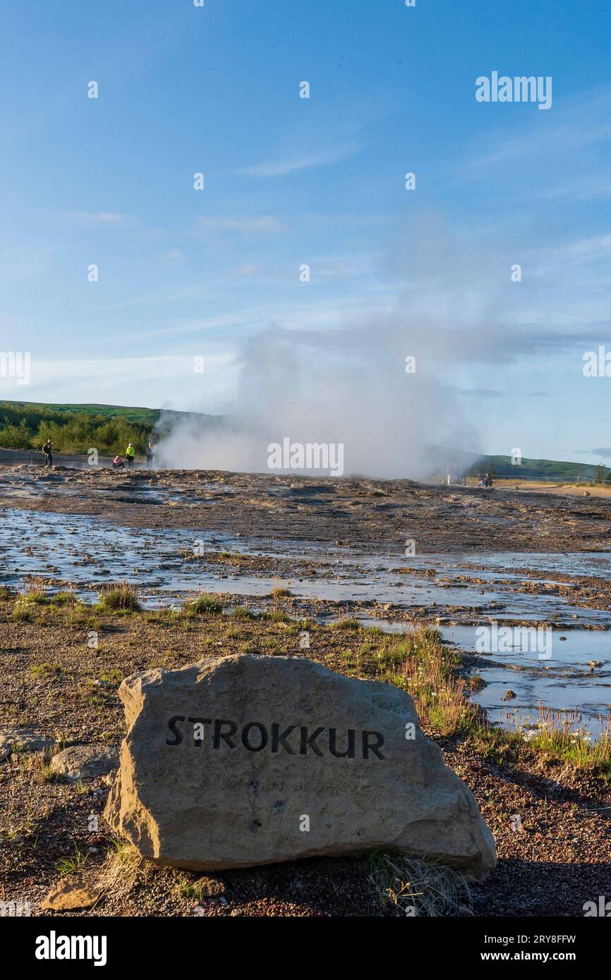 Stone marking the location of Strokkur, a fountain-type geyser located ...
