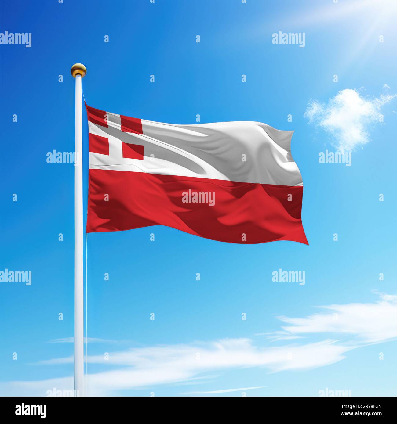 Waving flag of Utrecht is a state of Netherlands on flagpole with sky ...