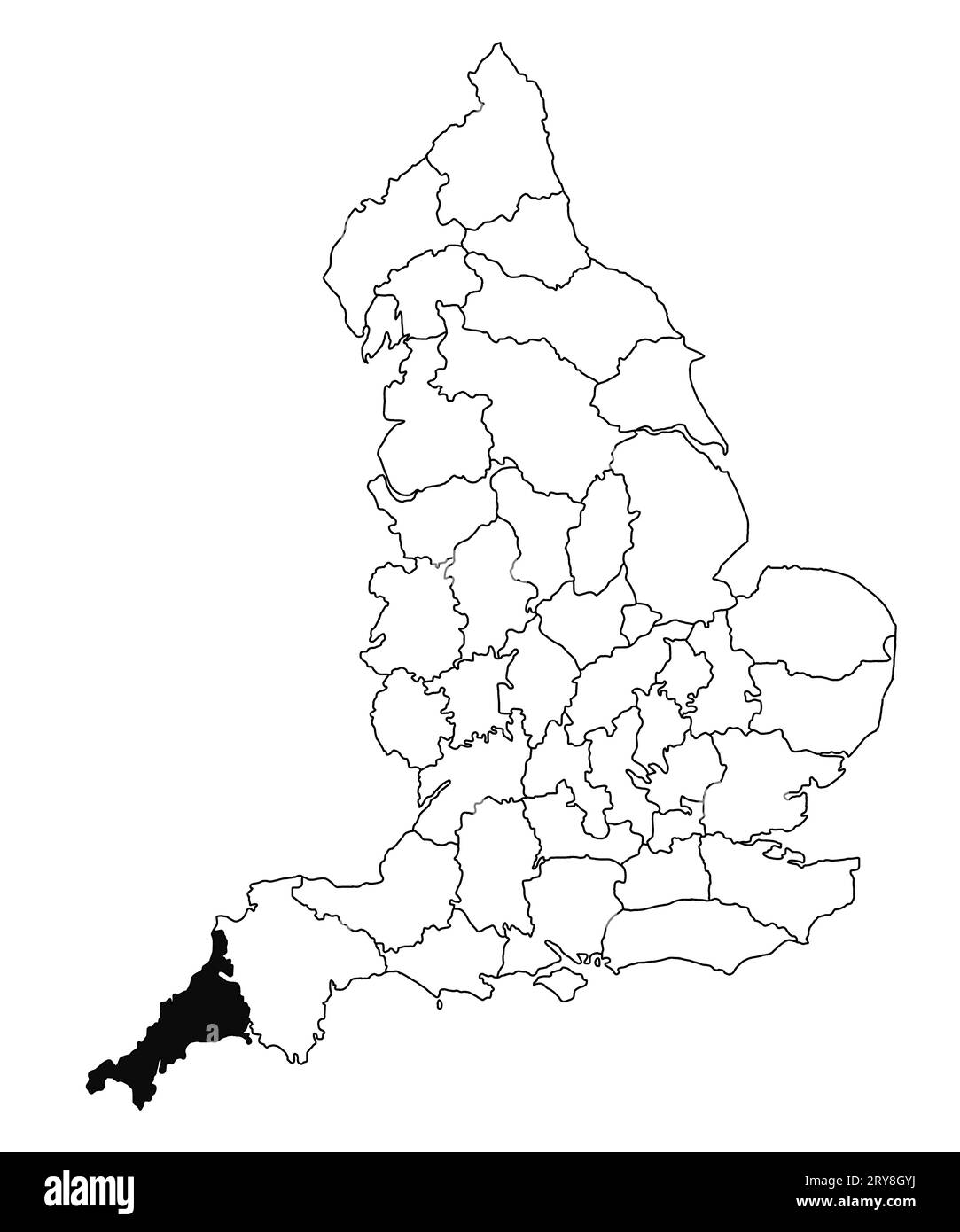 Map of Cornwall County in England on white background. single County ...