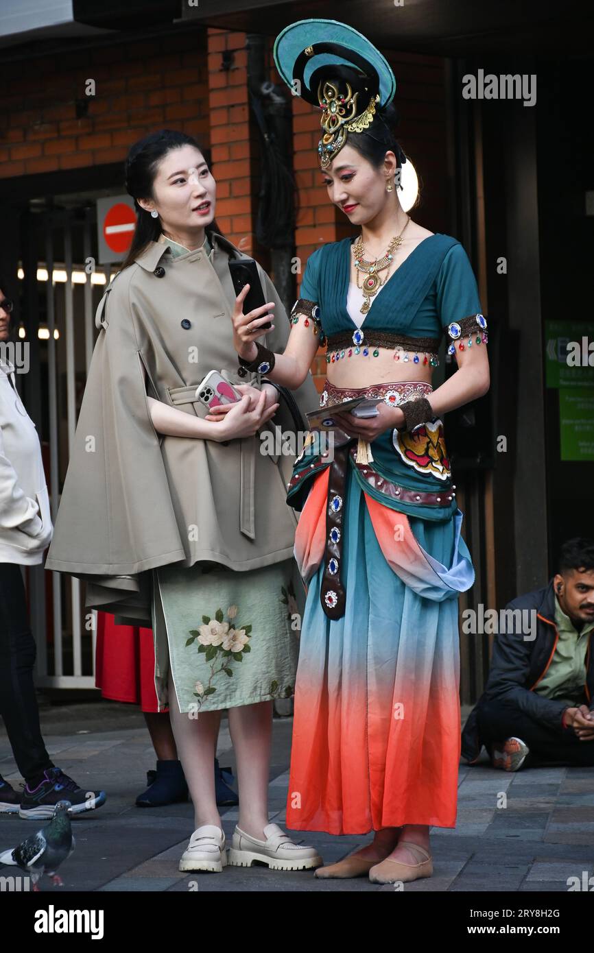 Chinatown London, UK. 29th Sep, 2023. London Chinatown, UK. Hangyu Zhou performs Dun Huang Dance ...