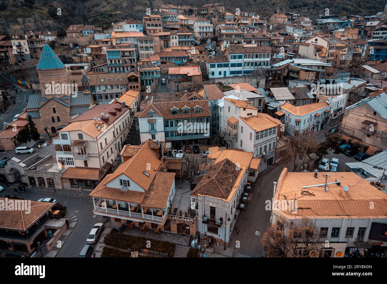 ancient old dzveli Tbilisi with old city and tiled roofs of buildings ...