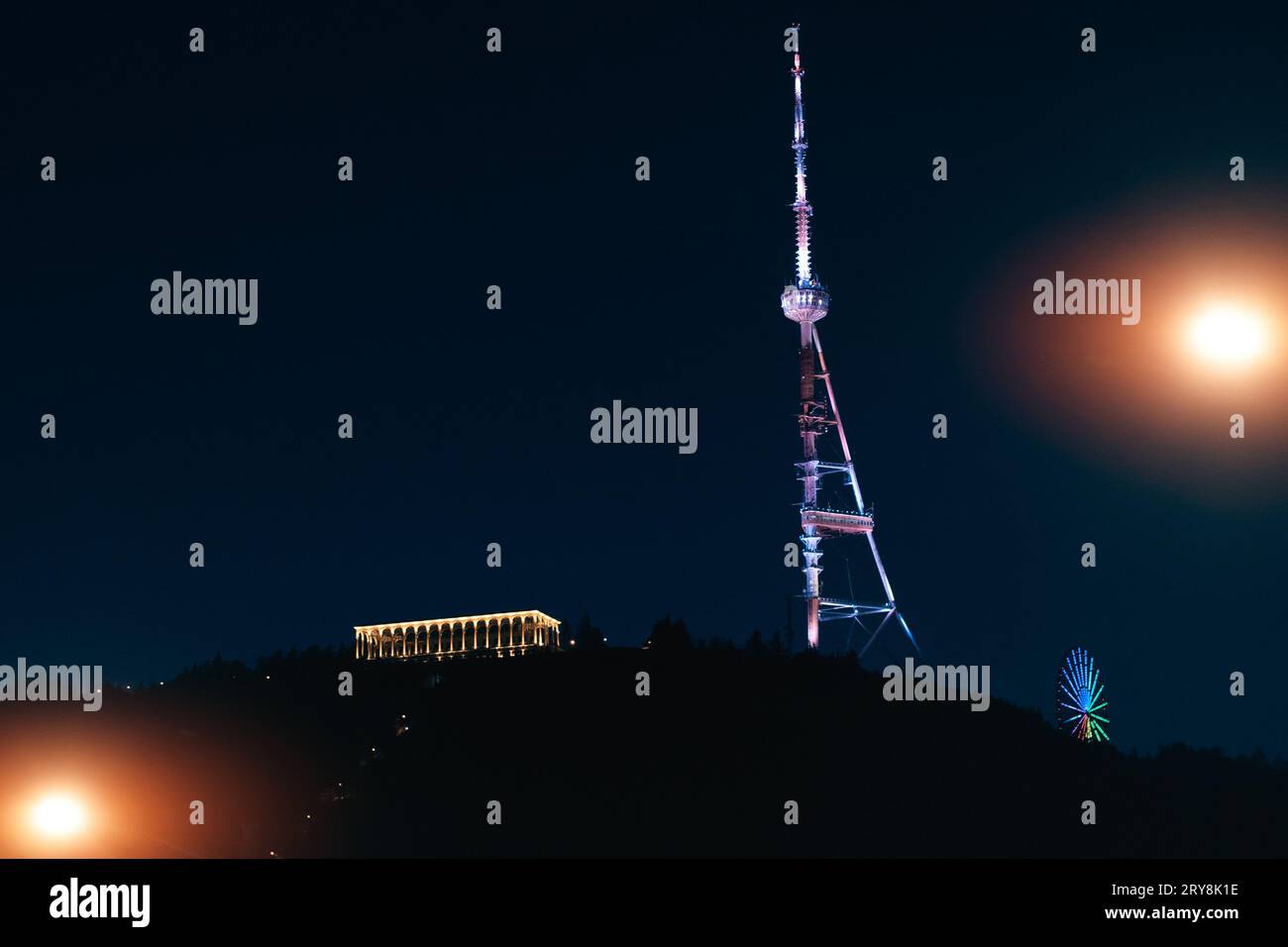broadcasting TV tower at night, Tbilisi urban city skyline, Georgia ...