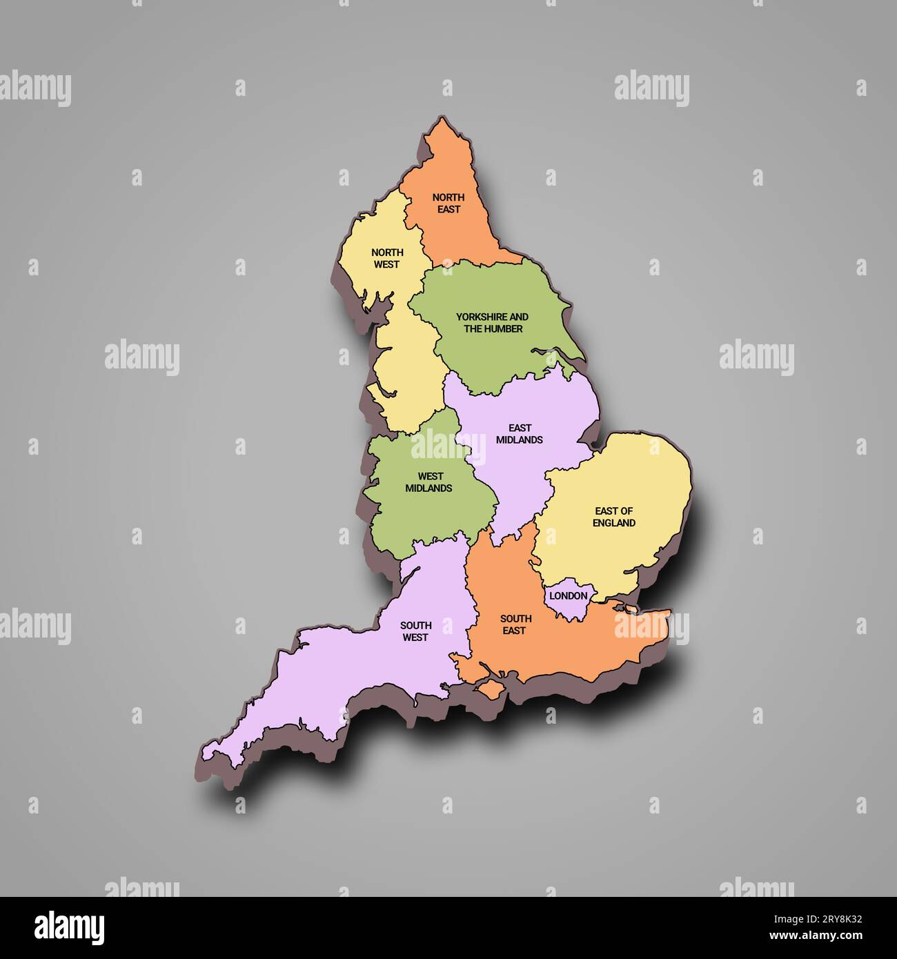 3d map of England with region. England with borders of the stats and ...