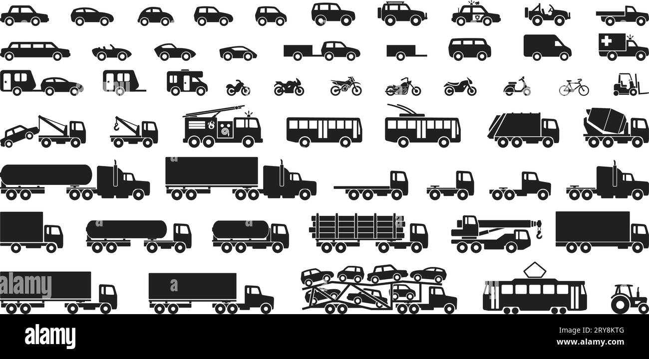 large collection set of simple vehicle black silhouette side view icon ...