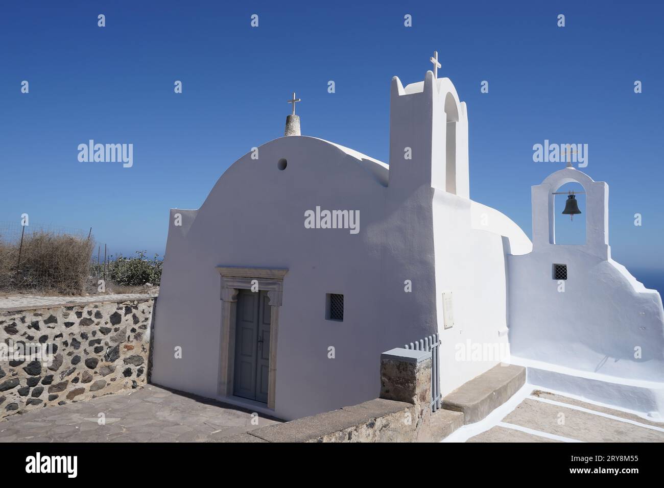 Catholic Church of Agia Sofia or St Sophia with belfry in Santorini ...