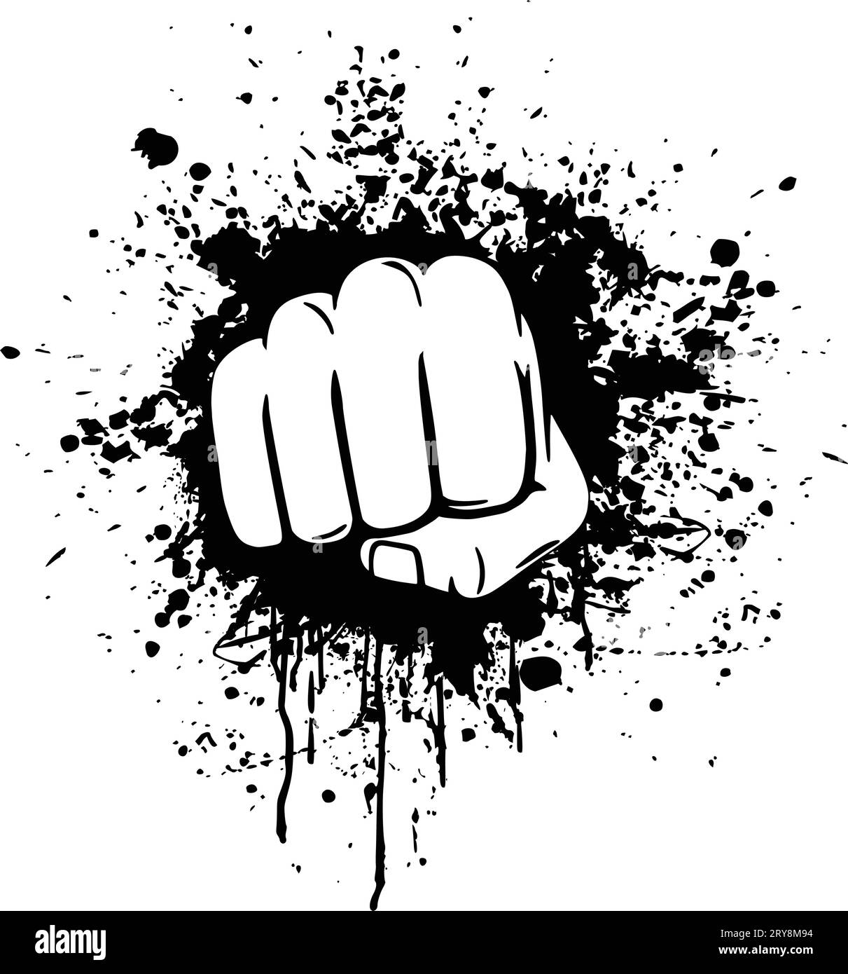 punching fist front view with black ink splatter illustration black and ...