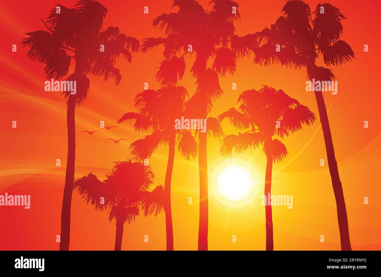 warm evening beach with palm trees silhouettes against a red orange ...