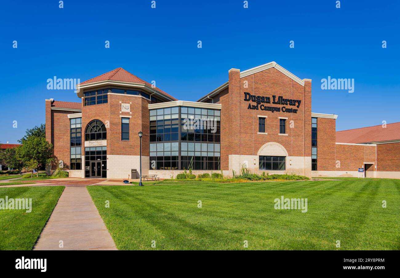 Kansas, SEP 17 2023 - Sunny exterior view of the Dugan Library and ...