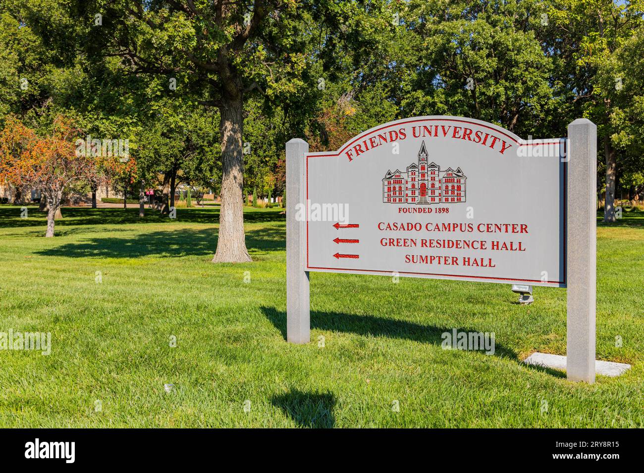 Kansas, SEP 17 2023 - Sunny view of the campus sign of Friends ...