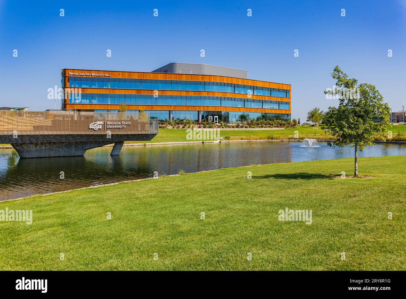 Kansas, SEP 17 2023 - Sunny view of the Wayne and Kay Woodlsey Hall of ...