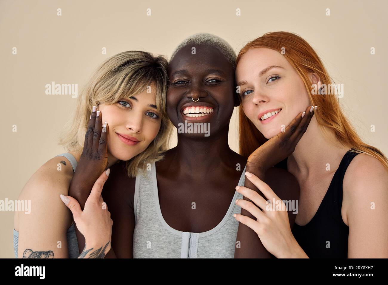 Happy cool gen z Black girl with diverse models on beige background ...