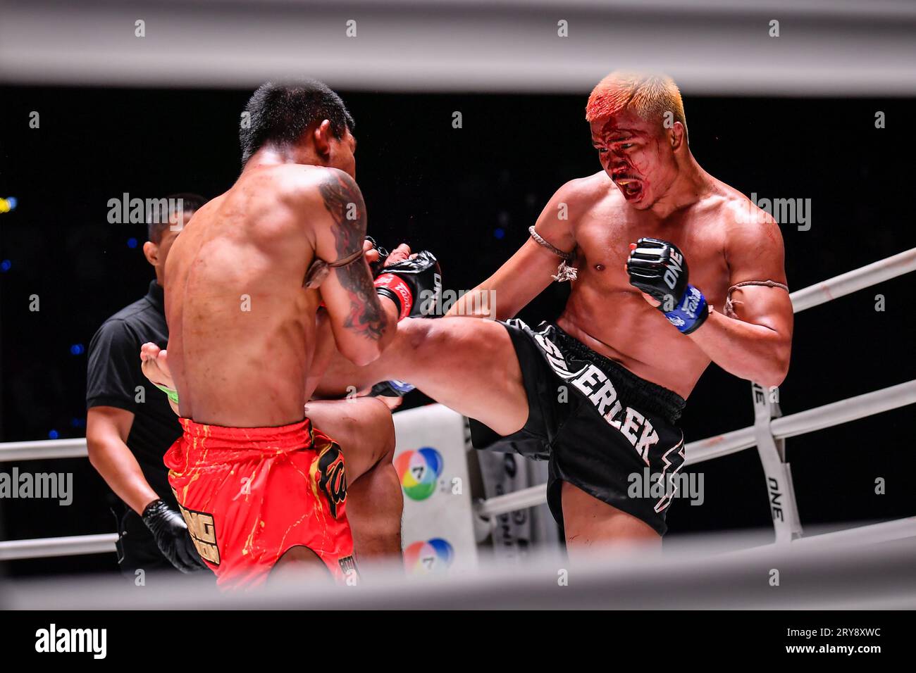 Rodtang (L) and Superlek of Thailand seen in action during the ONE ...