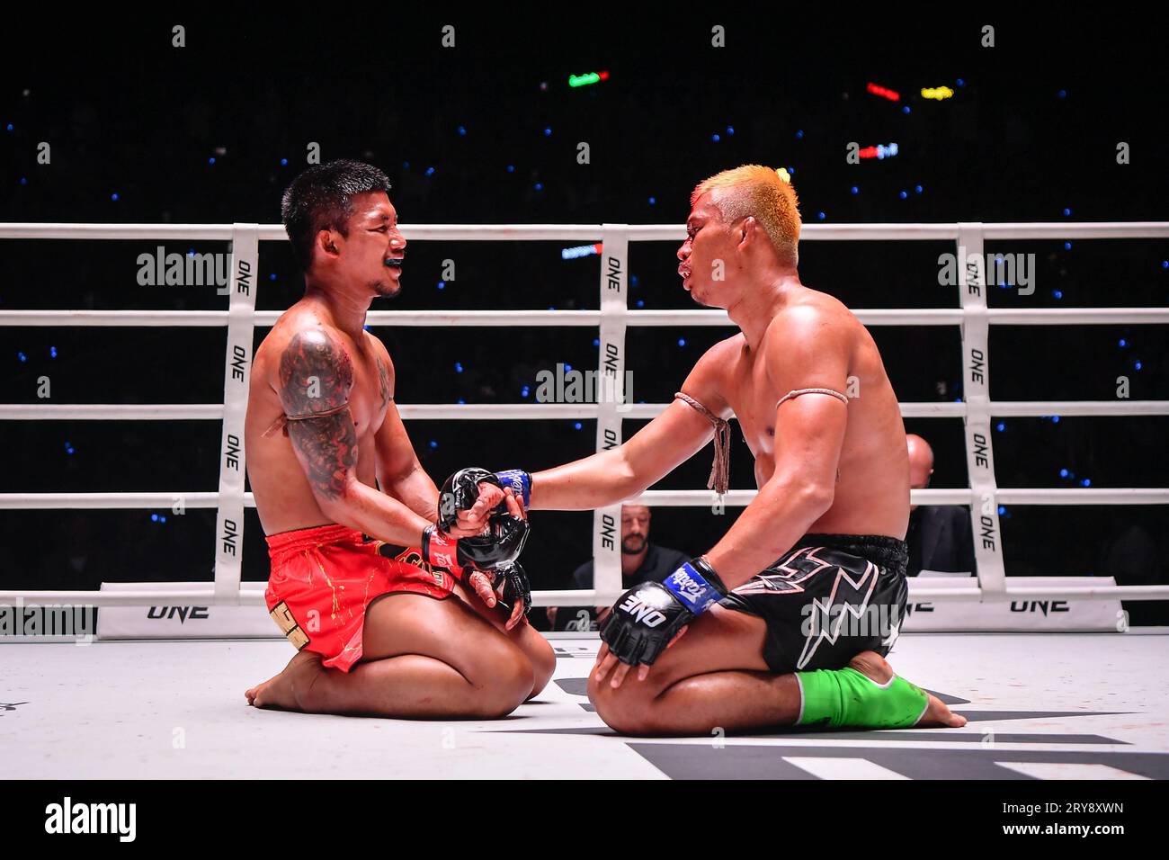 Rodtang (L) and Superlek of Thailand seen in action during the ONE ...