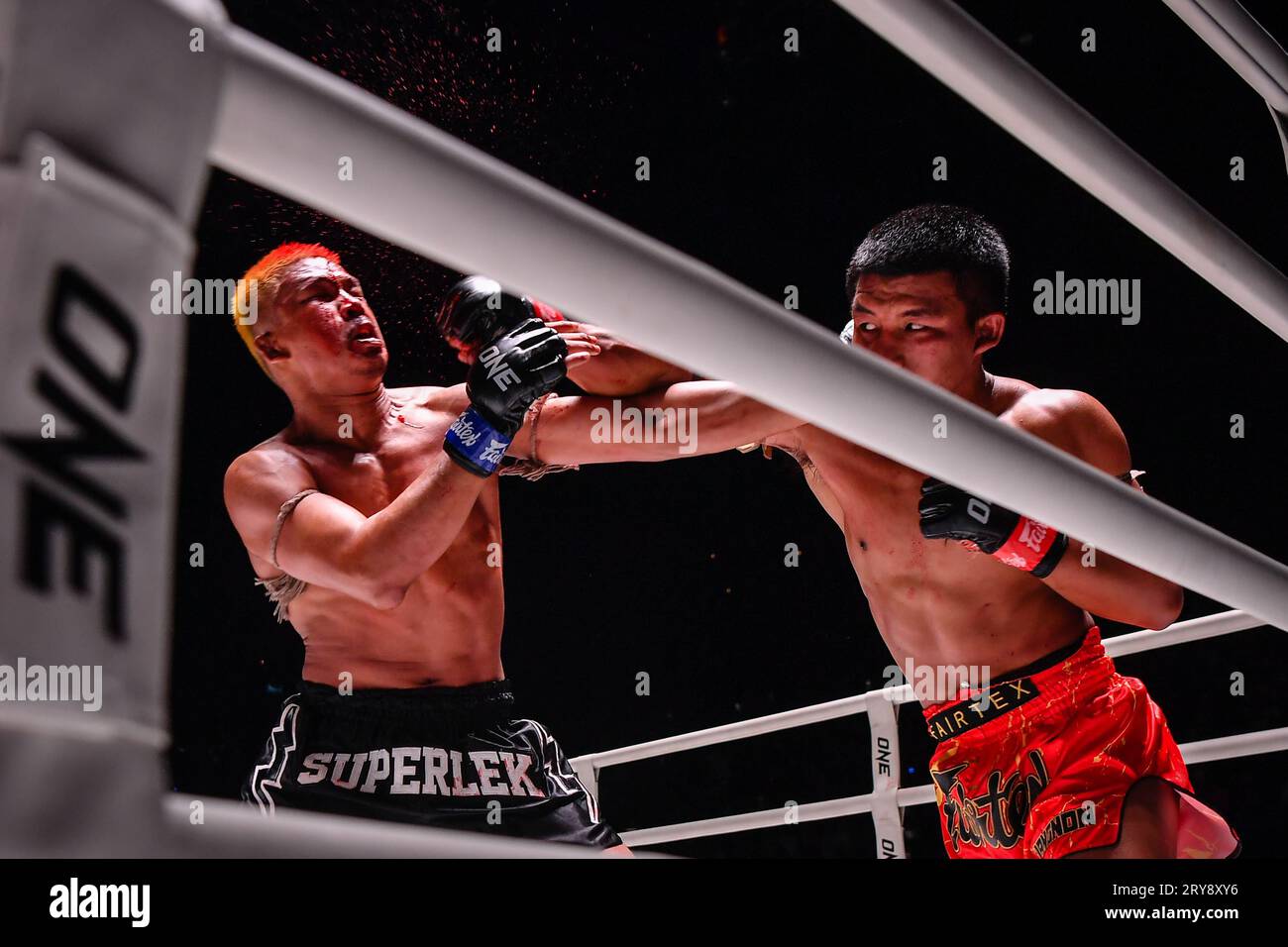 Rodtang (R) and Superlek of Thailand seen in action during the ONE ...