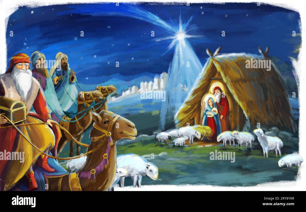 traditional christmas scene with holy family and three kings for ...