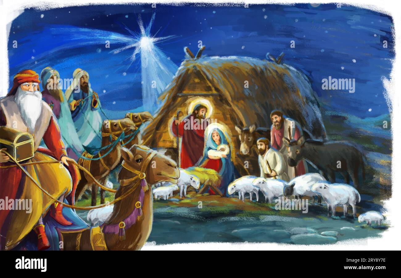 traditional christmas scene with holy family and three kings for ...