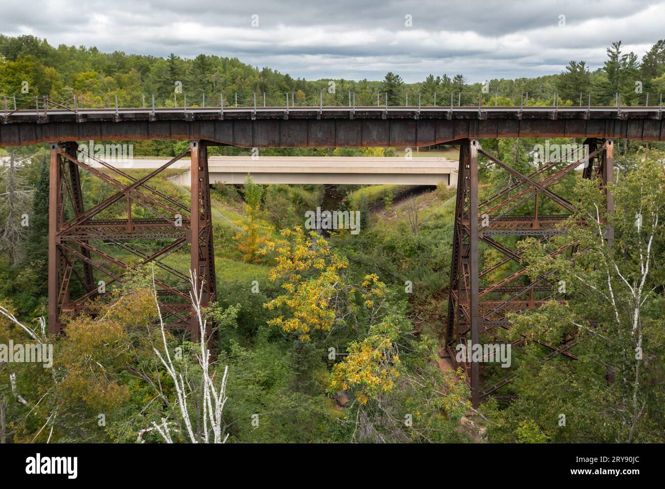 Railroad Trestle Bridge With Highway Bridge Behind - drone aerial Stock ...
