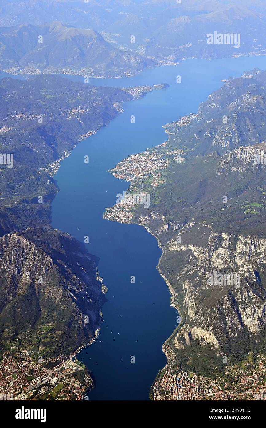 Aerial view of Lake Como in Italy with visible nearby mountains and ...
