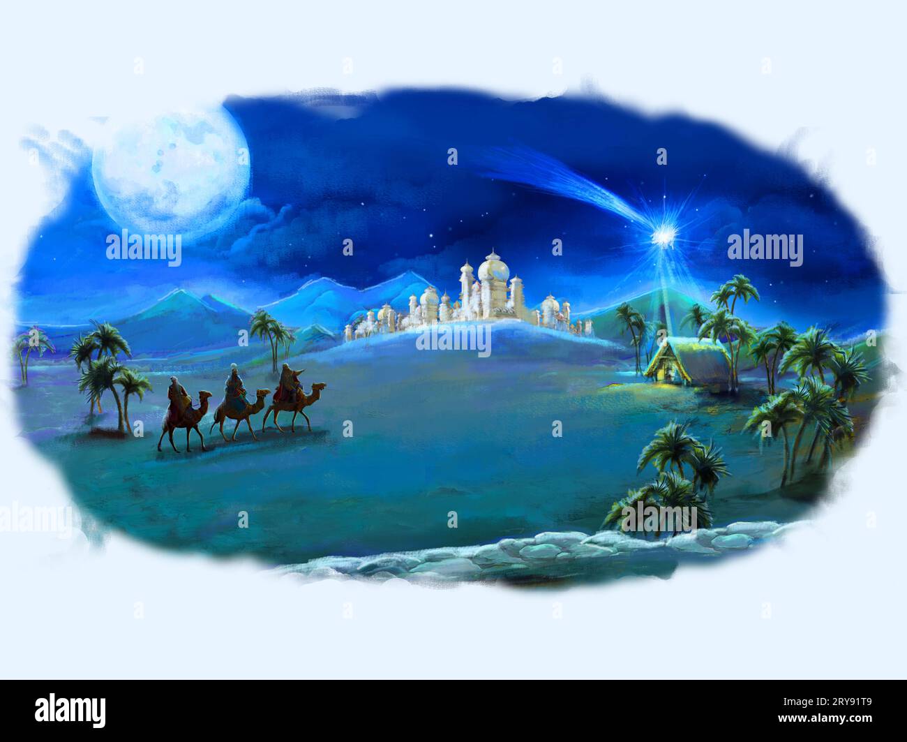 cartoon illustration of the holy family and three kings - traditional ...