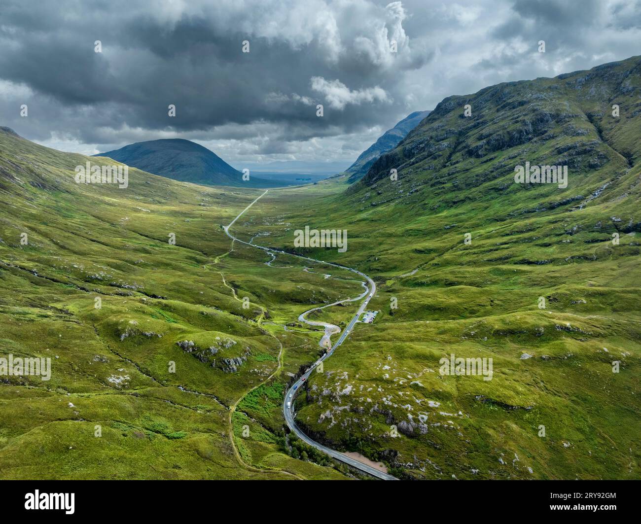 Aerial view of Glen Coe with the A82 scenic road, Highlands, Scotland ...