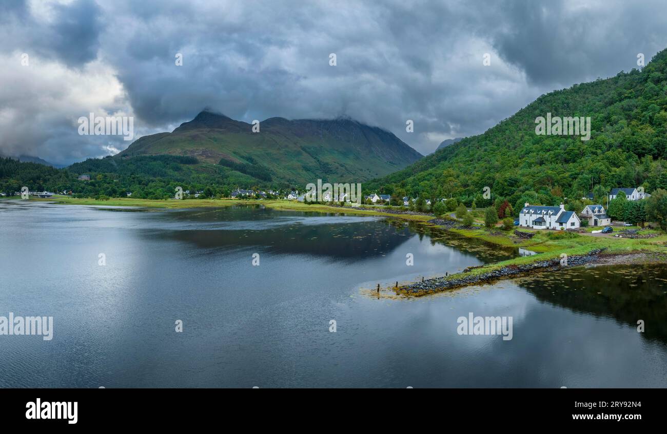 Aerial panorama of the freshwater loch Loch Leven with the village of ...