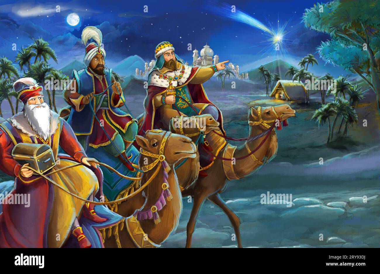 cartoon illustration of the holy family and three kings - traditional ...