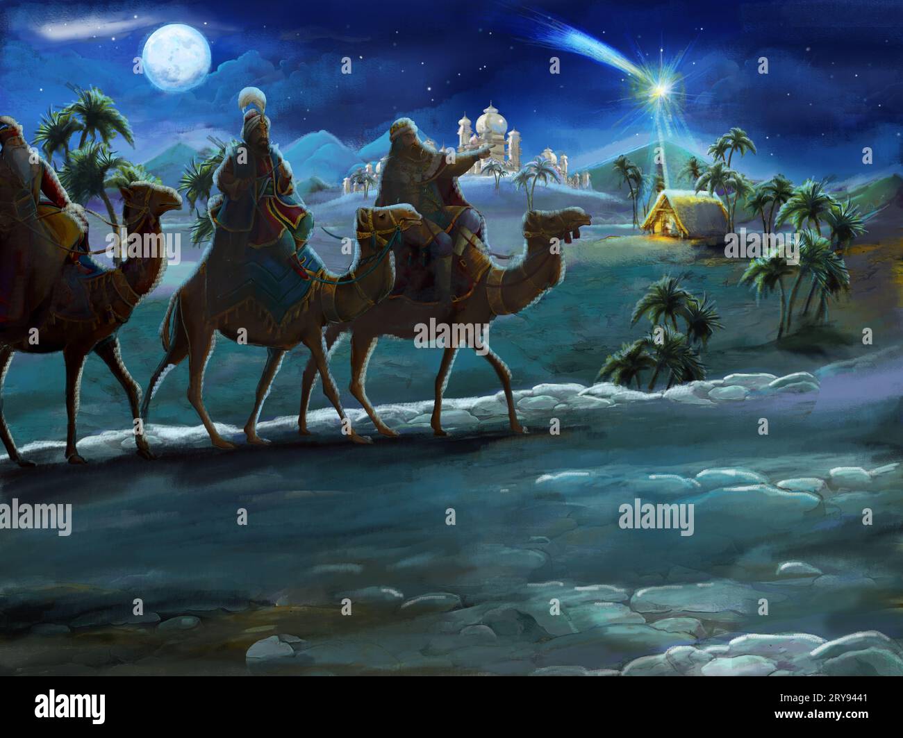 cartoon illustration of the holy family and three kings - traditional ...