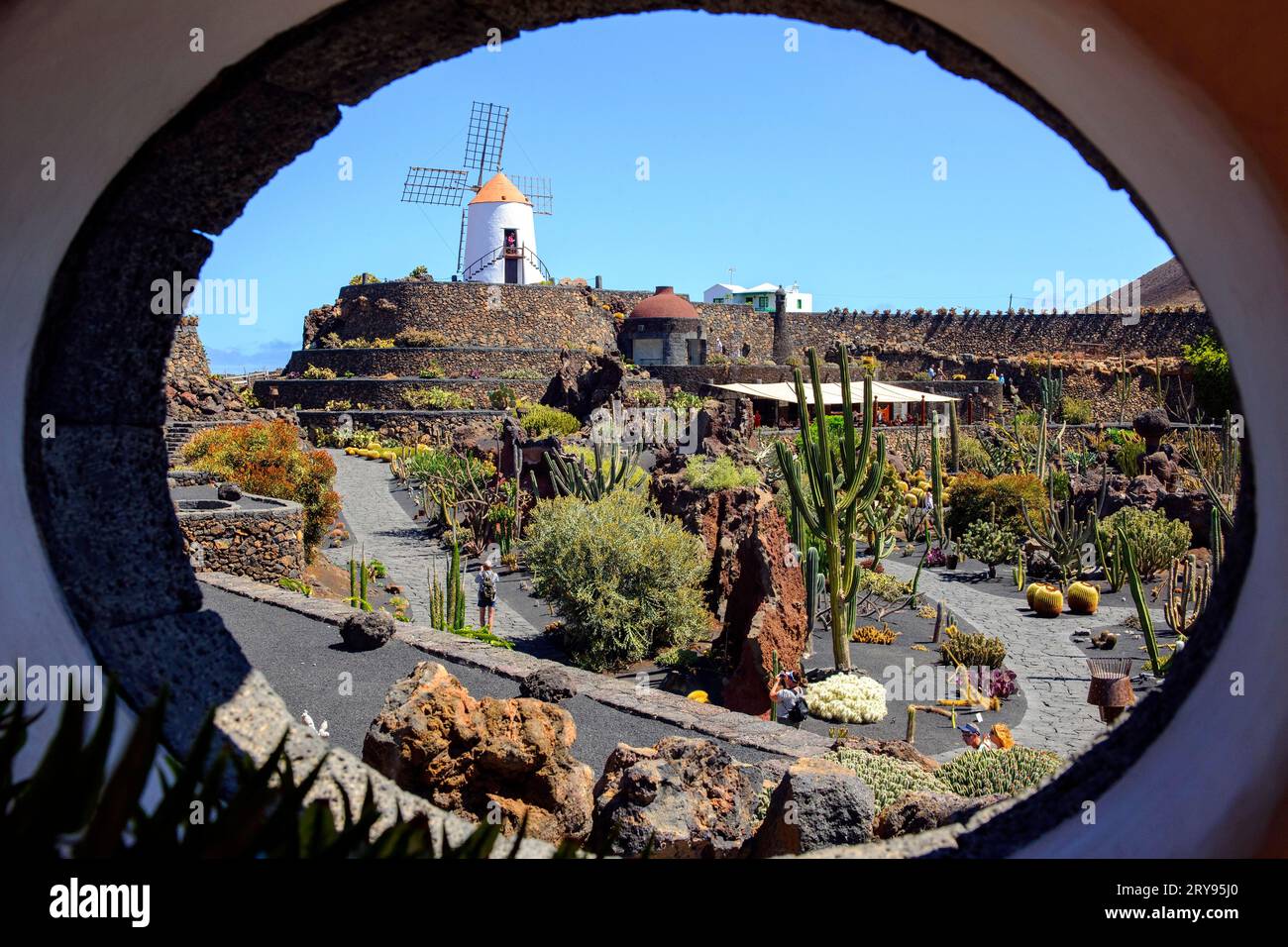 View through round wall opening on paths of cactus garden Jardin de ...