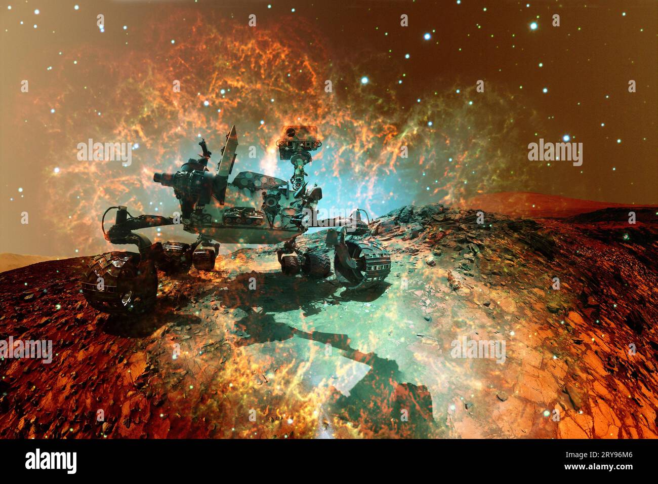 Curiosity rover exploring the surface of Mars. Science fiction ...