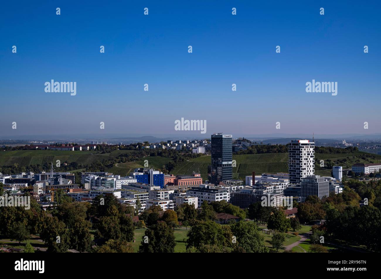 View of Feuerbach district from Killesberg tower, new Porsche Design ...