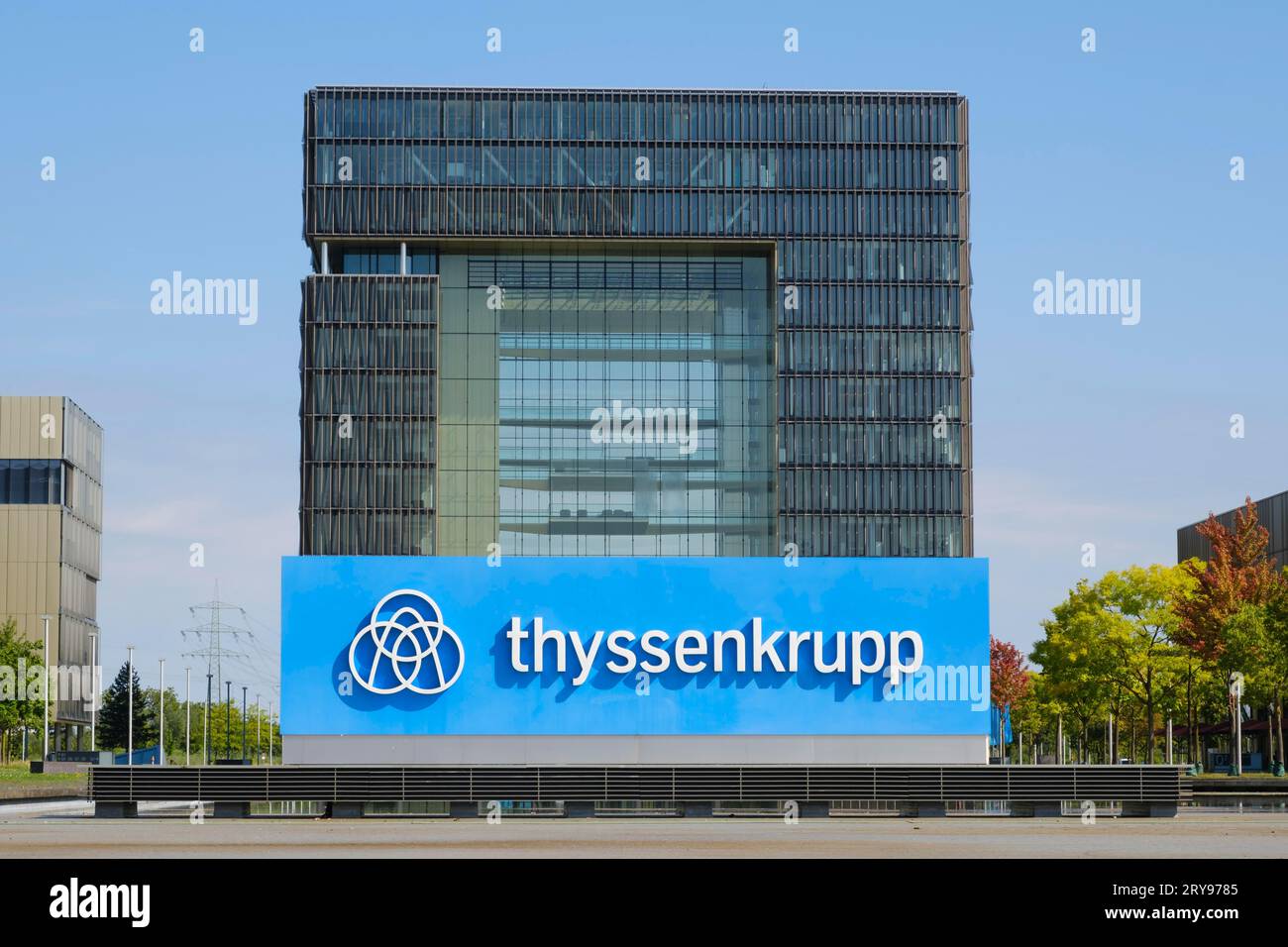 Thyssenkrupp corporate headquarters, headquarters, sign with logo, Ruhr ...