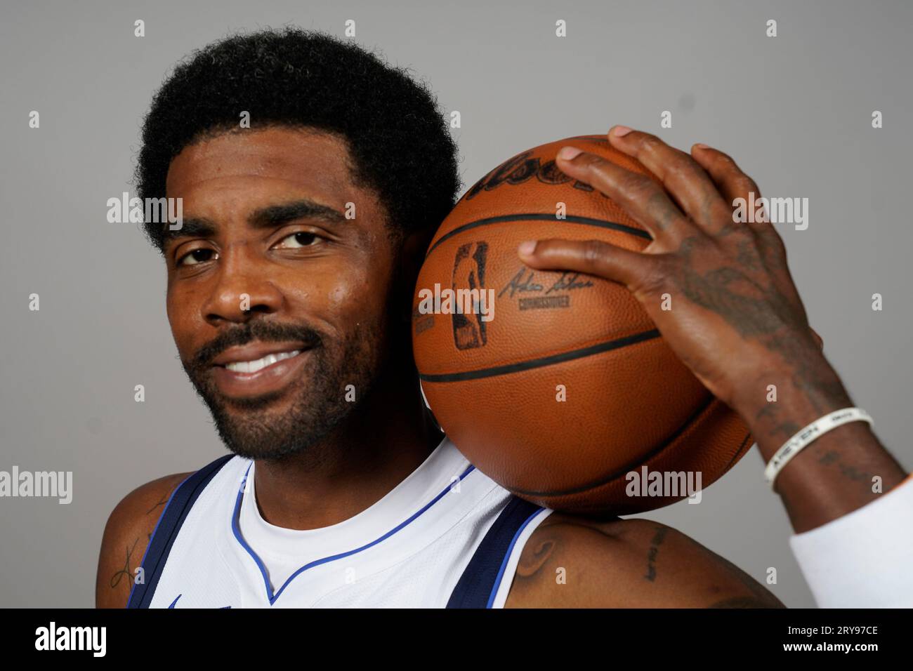 Dallas Mavericks guard Kyrie Irving poses for a photo during a NBA ...