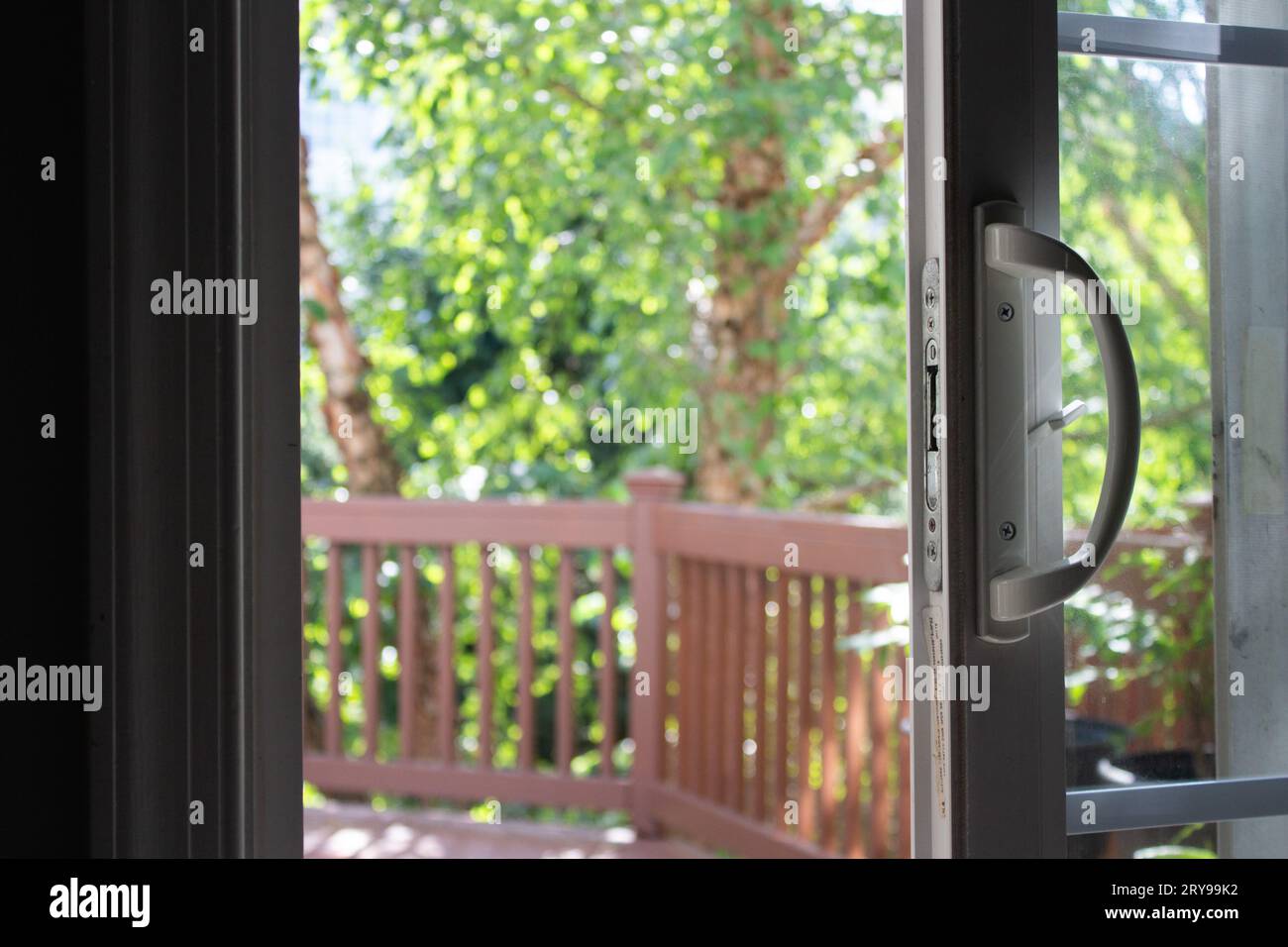 Taking fresh air, open door in the garden with green nature background ...