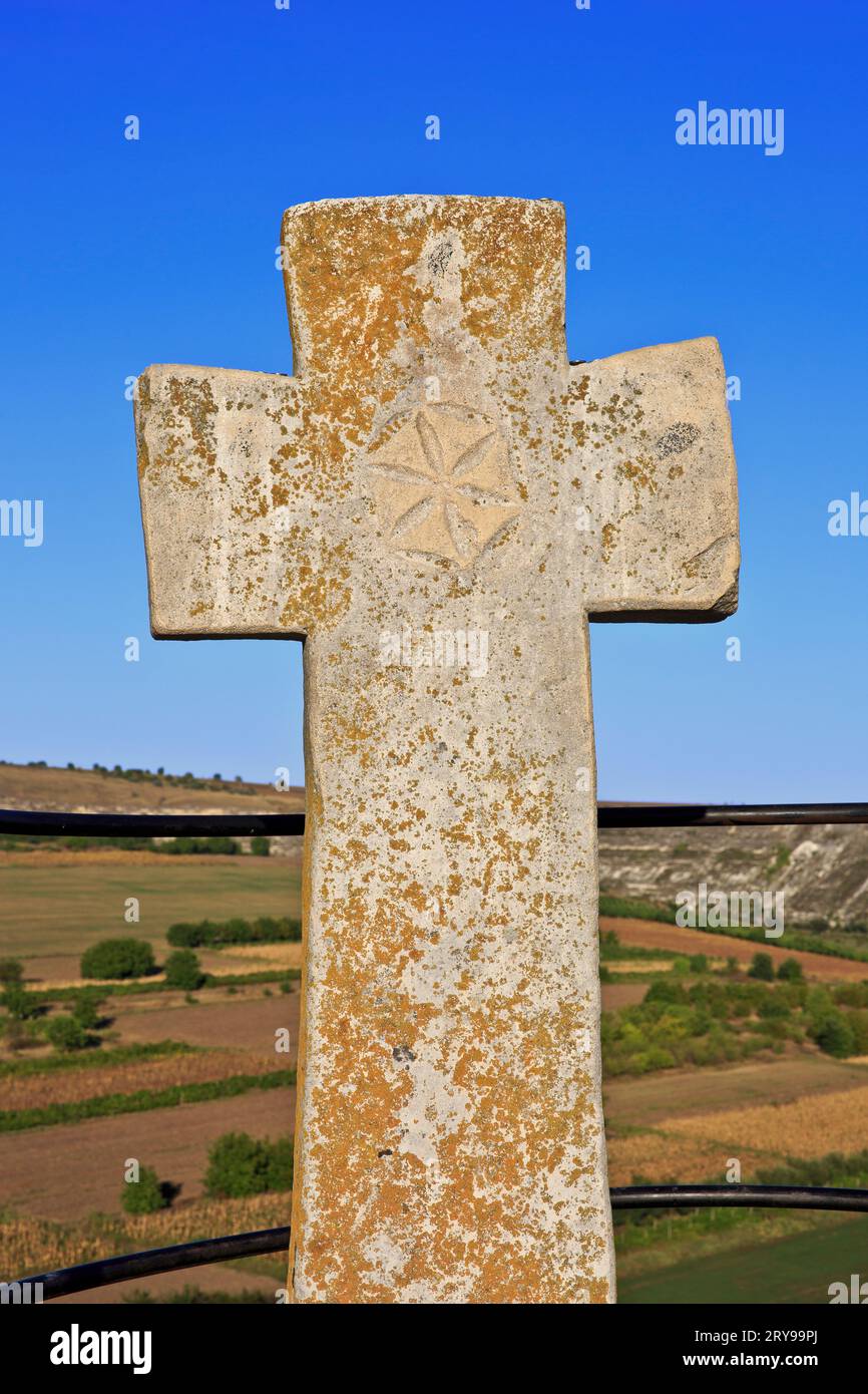 Ancient cross at the 13th century Eastern Orthodox Old Orhei (Orheiul ...