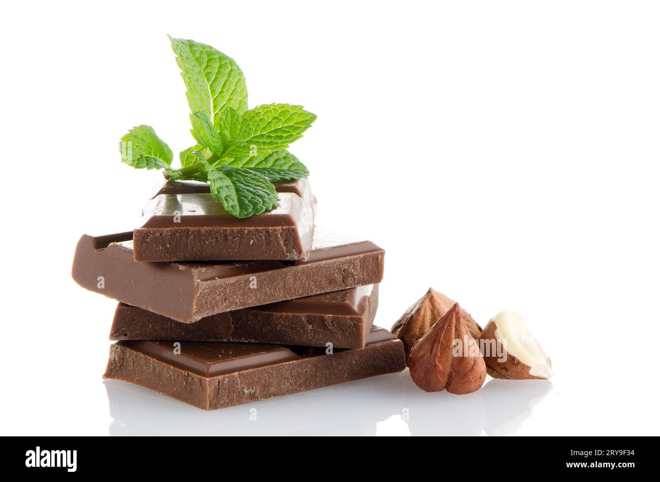 Closeup detail of chocolate parts, hazelnuts and mint leaves on white ...