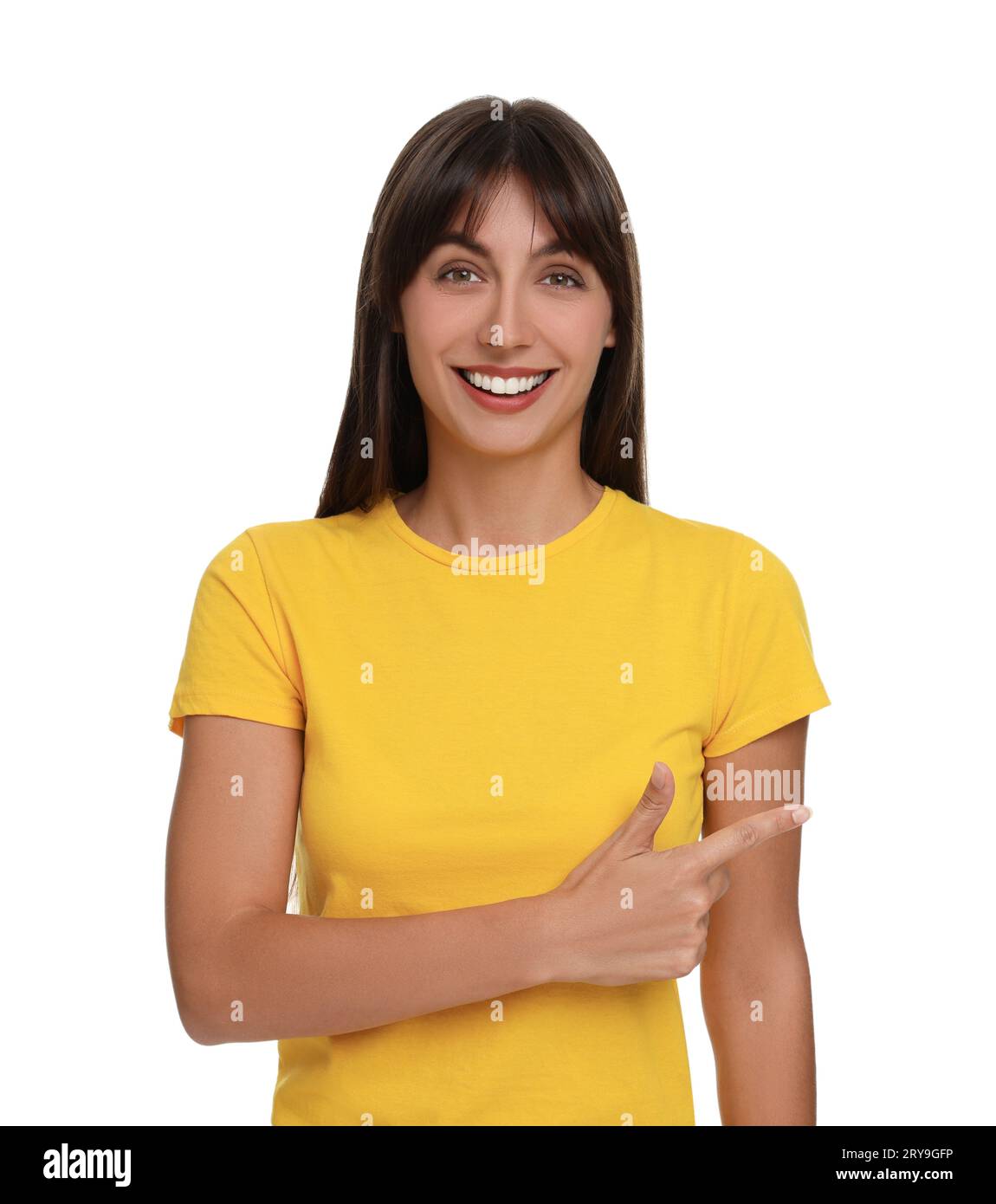 Special promotion. Happy woman pointing at something on white ...