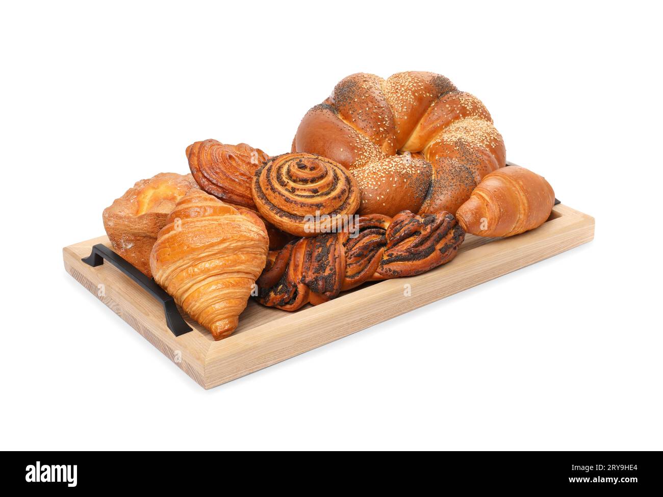 Wooden tray with different pastries isolated on white Stock Photo - Alamy