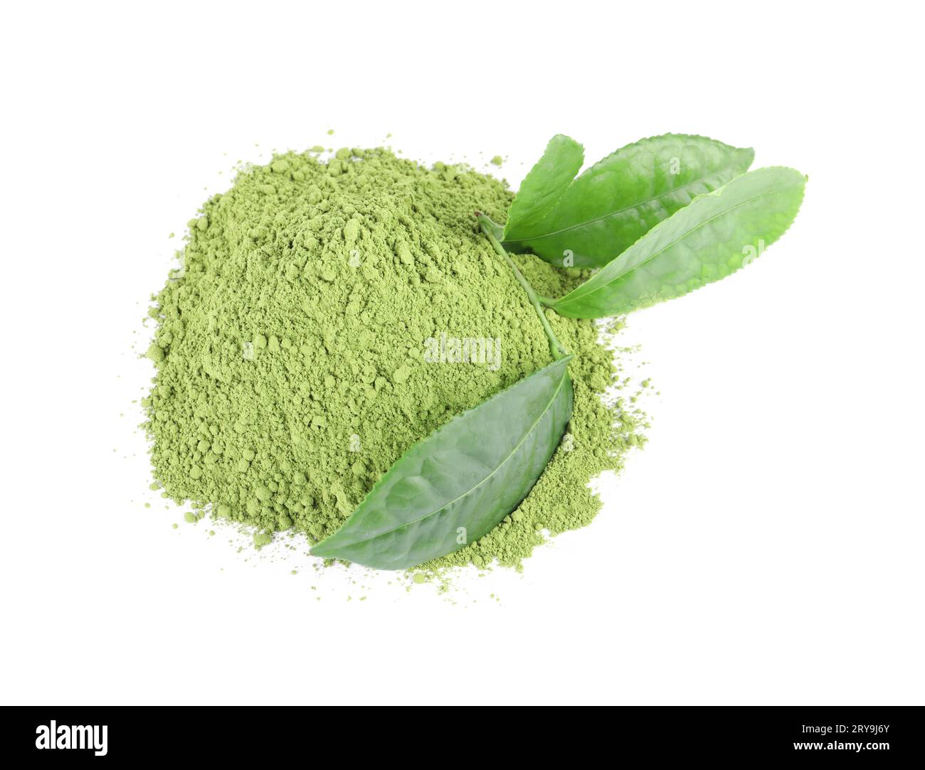 Pile of green matcha powder and leaves isolated on white Stock Photo ...