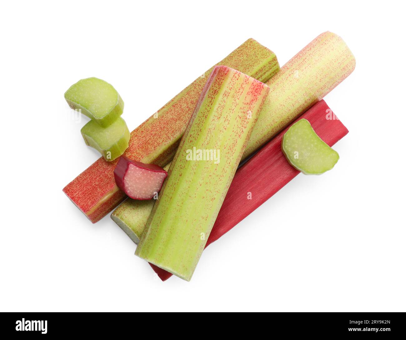 Cut fresh ripe rhubarb isolated on white, top view Stock Photo - Alamy