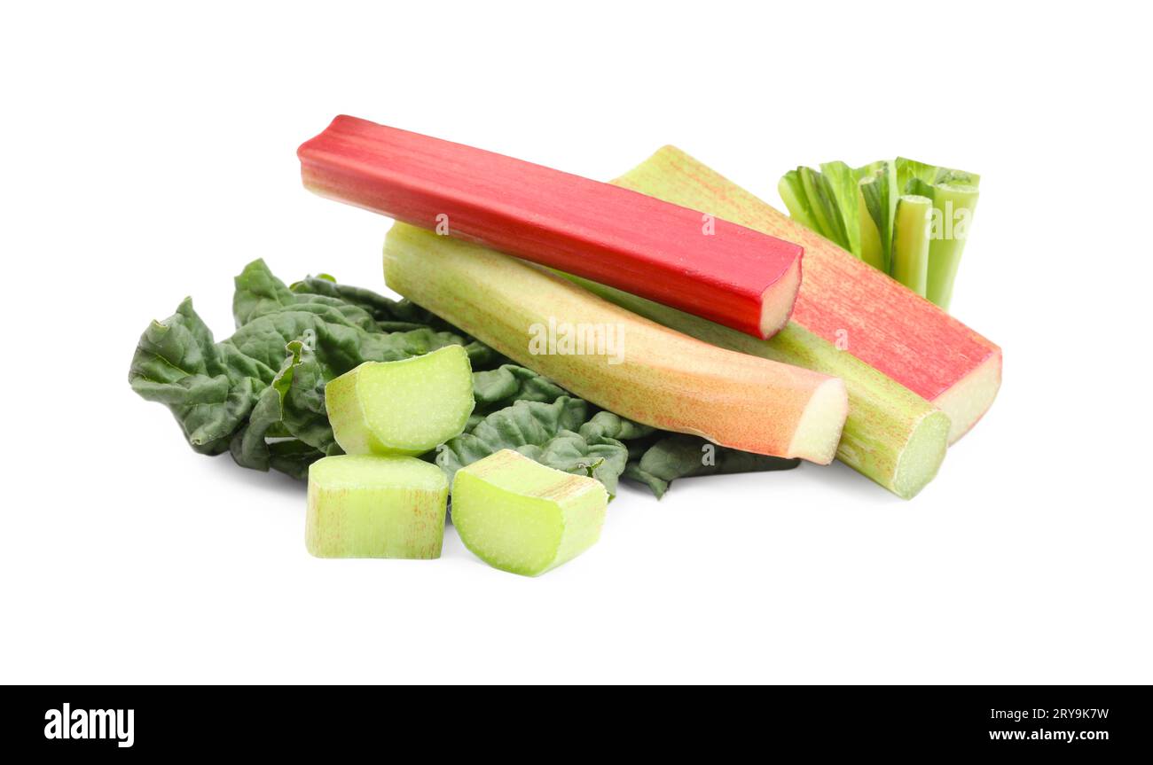Fresh ripe rhubarb stalks and leaf isolated on white Stock Photo - Alamy
